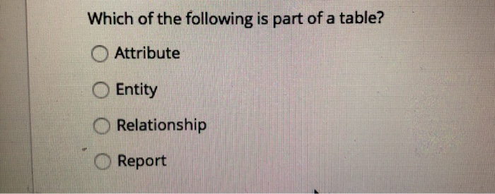 Solved Which of the following is part of a table? Attribute | Chegg.com