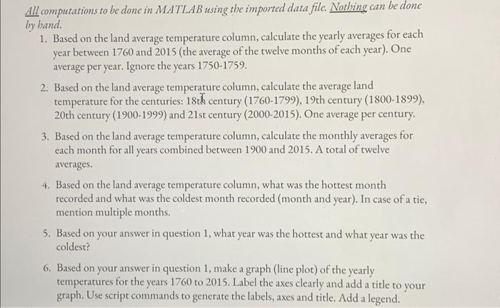 Solved All computations to be done in MATLAB using the | Chegg.com
