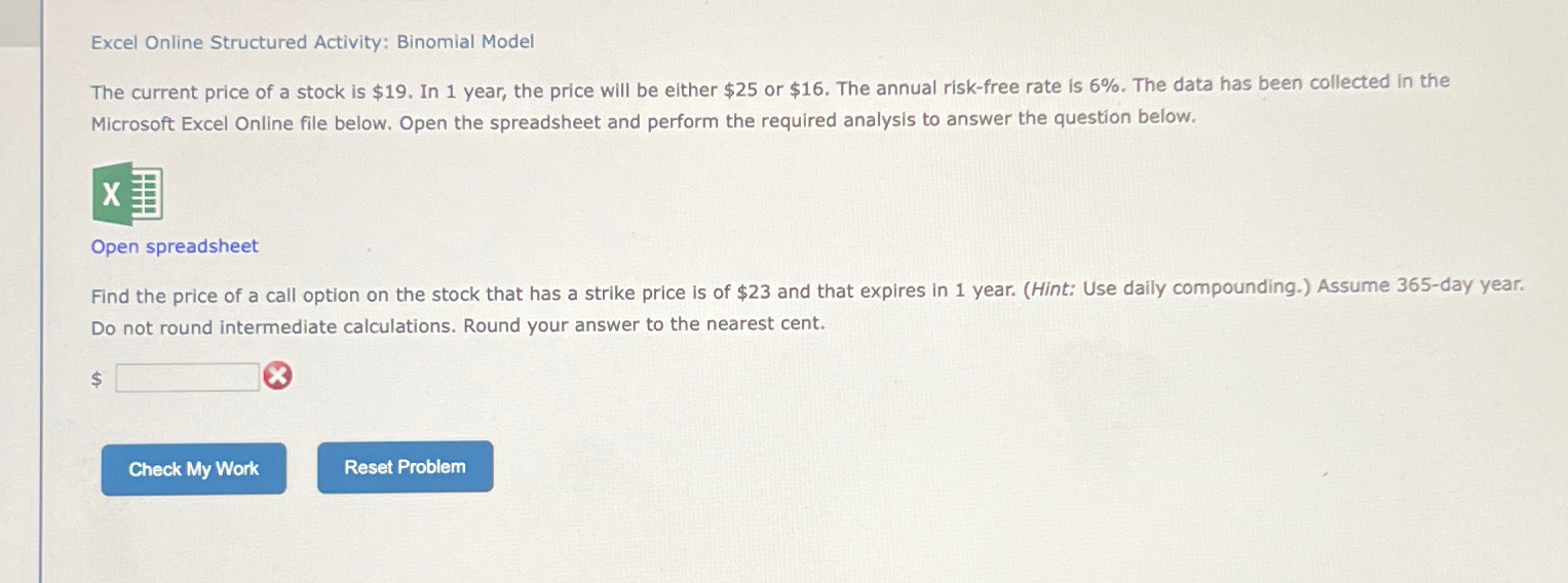 Solved Excel Online Structured Activity: Binomial ModelThe | Chegg.com