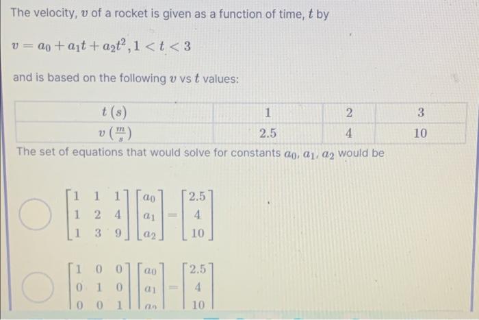 Solved The velocity, v of a rocket is given as a function of | Chegg.com