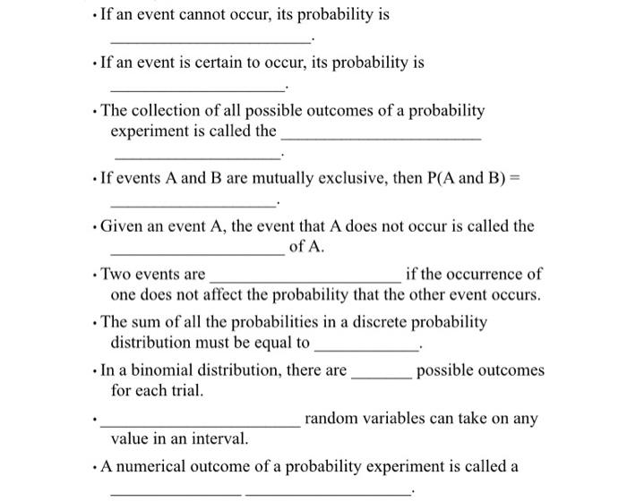 Solved • If an event cannot occur, its probability is • If | Chegg.com