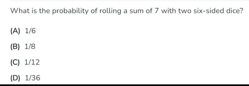 Solved What is the probability of rolling a sum of 7 ﻿with | Chegg.com