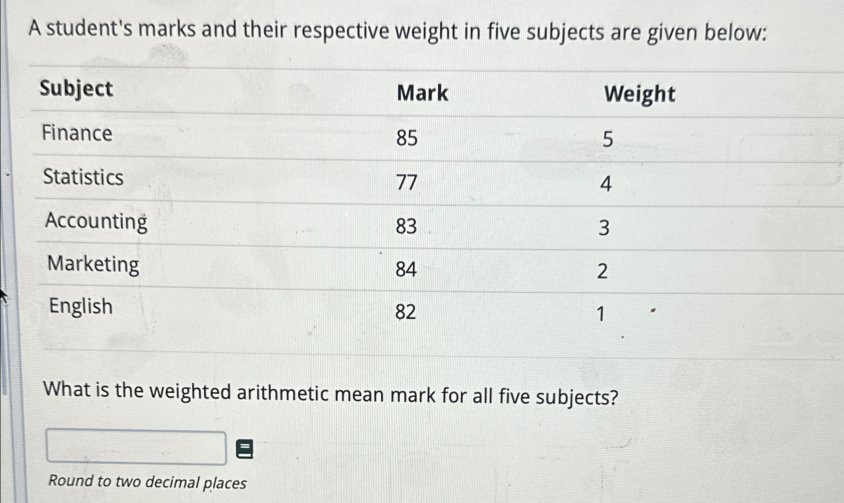 A student's marks and their respective weight in five | Chegg.com