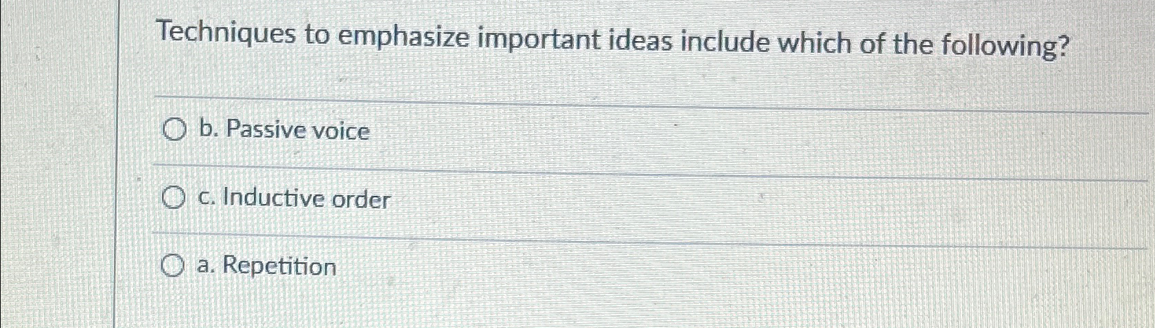 Solved Techniques to emphasize important ideas include which | Chegg.com