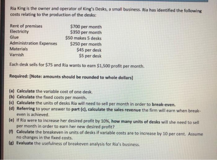 Solved Ria King is the owner and operator of King's Desks, a | Chegg.com