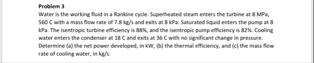 Solved Problem 3Water is the working fluid in a Rankine | Chegg.com