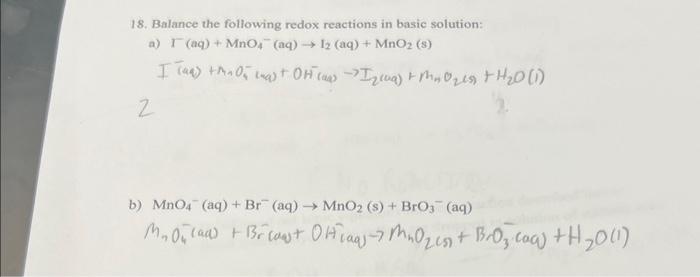 Solved a) Iaq) +MnO4−(aq)→I2(aq)+MnO2( s) I(aq) | Chegg.com