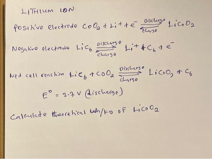 Solved LITHIUM ION Positive electrode COO2+Li++e− echase | Chegg.com