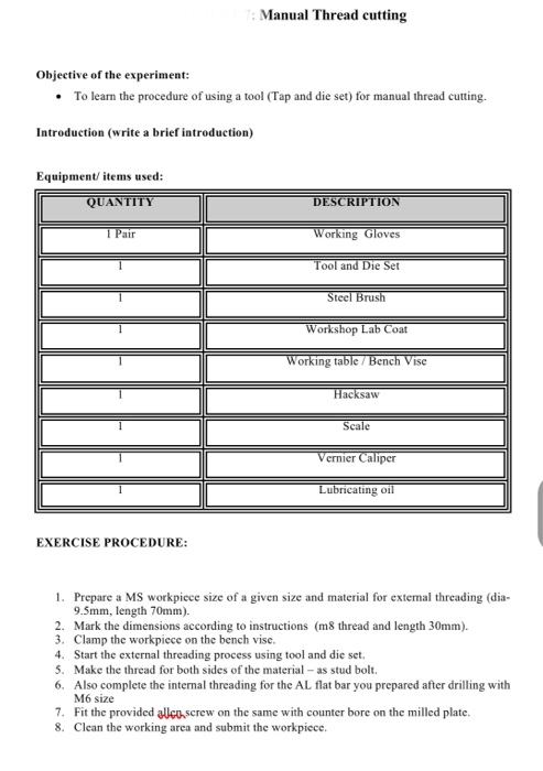 Solved Manual Thread cutting Objective of the experiment: • | Chegg.com