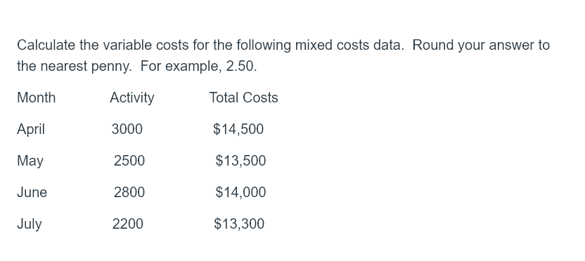 Solved Calculate the variable costs for the following mixed | Chegg.com