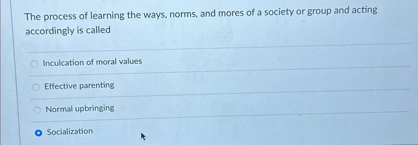 Solved The process of learning the ways, norms, and mores of | Chegg.com