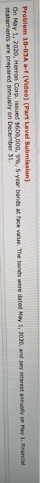 Solved Problem 10-03A a-f (Video) (Part Level Submission) On | Chegg.com