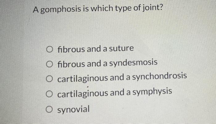Solved A gomphosis is which type of joint? fibrous and a | Chegg.com