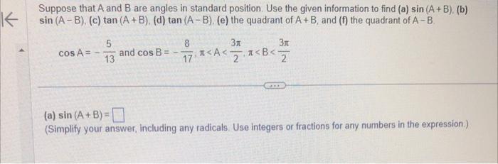Solved Suppose that A and B are angles in standard position. | Chegg.com