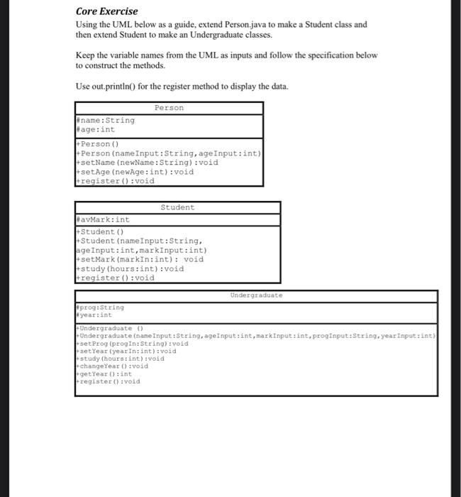Solved Core Exercise Using the UML below as a guide, extend | Chegg.com