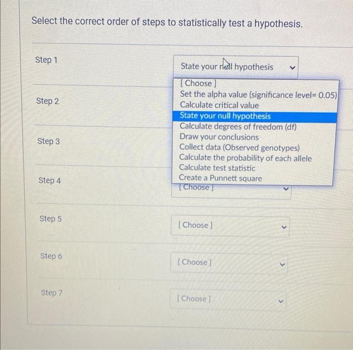 Solved Select the correct order of steps to statistically | Chegg.com