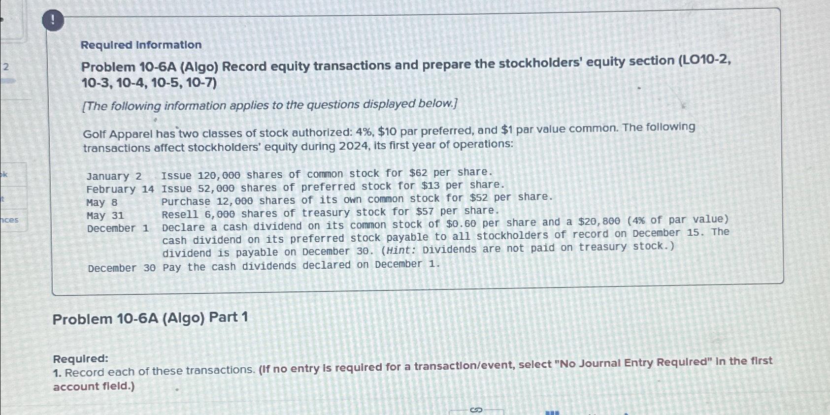 Solved Required InformationProblem 10-6A (Algo) ﻿Record | Chegg.com