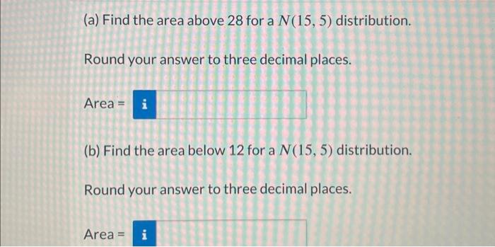 Solved (a) Find the area above 28 for a N(15,5) | Chegg.com