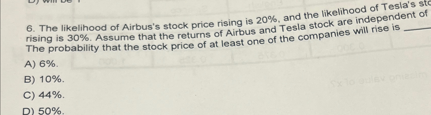 Solved The likelihood of Airbus's stock price rising is 20%, | Chegg.com
