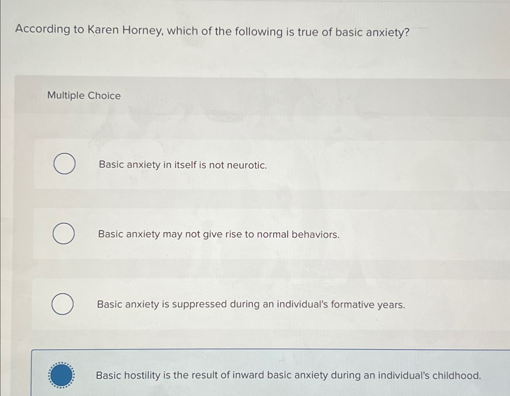 Solved According to Karen Horney, which of the following is | Chegg.com