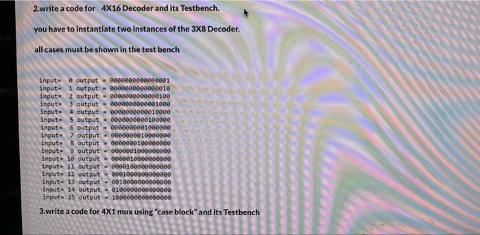 Solved 2.write a code for 4X16 Decoder and its Testbench. | Chegg.com