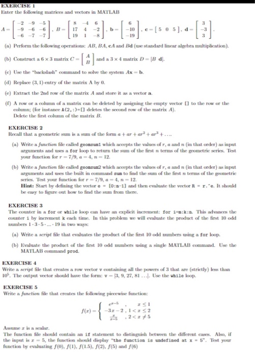 Solved EXERCISE 1 Enter the following matrices and vectoes | Chegg.com