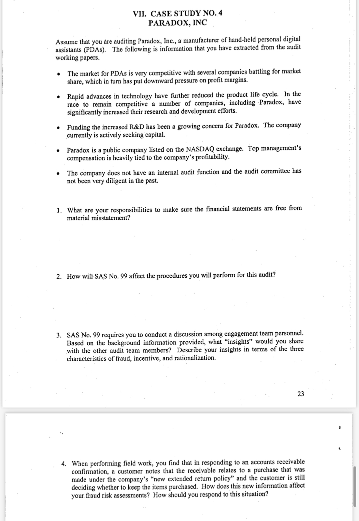Solved VII. CASE STUDY NO. 4PARADOX, INCAssume that you are | Chegg.com