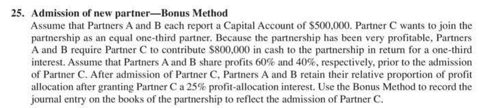 Solved 25. Admission of new partner-Bonus Method Assume that | Chegg.com