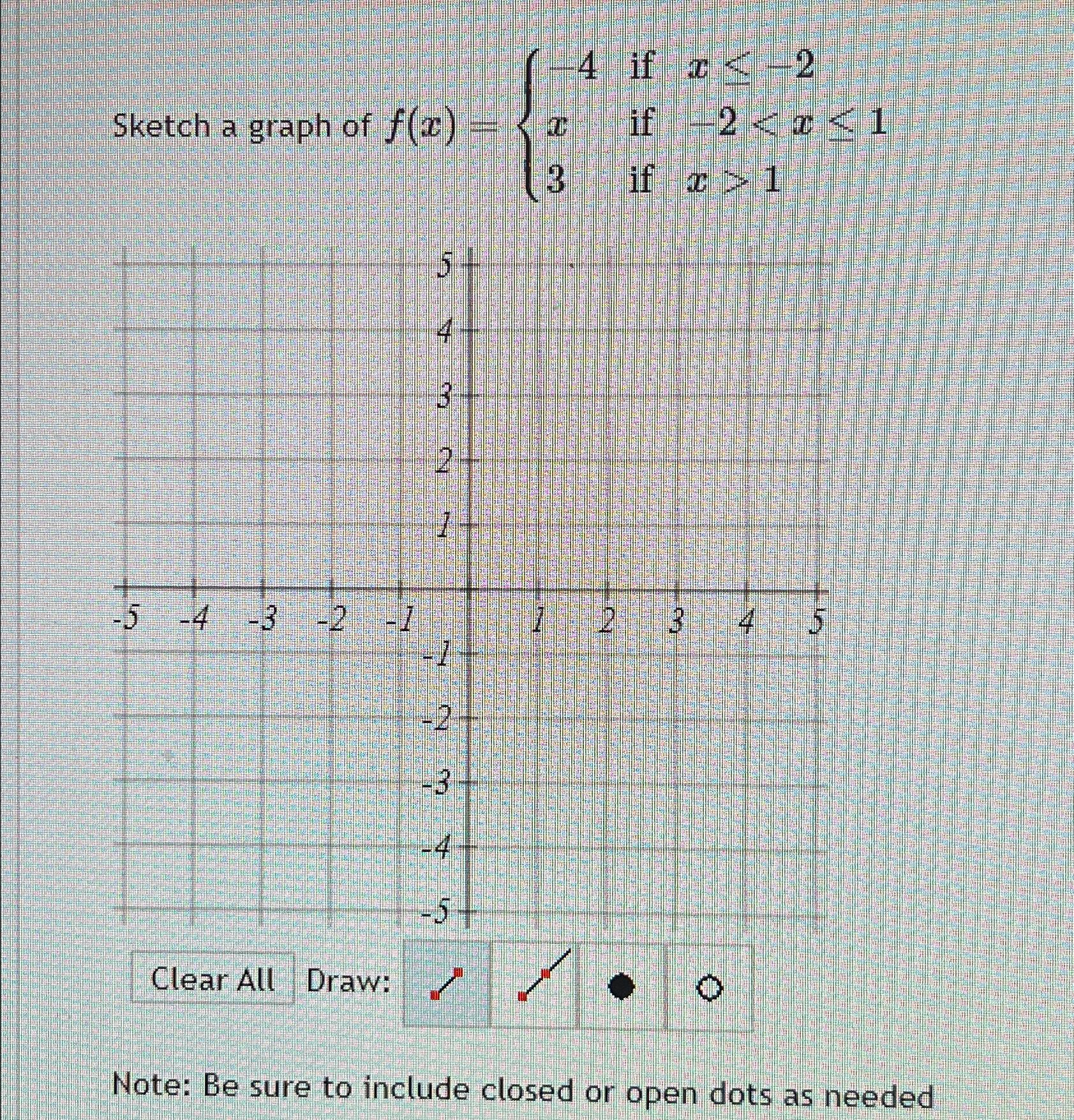 Solved Sketch a graph of f(x)={-4 if x≤-2x if -21Clear | Chegg.com