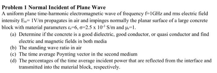 Solved Problem 1 Normal Incident of Plane Wave A uniform | Chegg.com