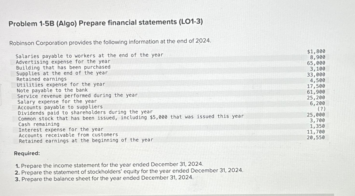 Solved Problem 1-5B (Algo) Prepare financial statements | Chegg.com Solved Problem 1-5B (Algo) Prepare financial statements | Chegg.com