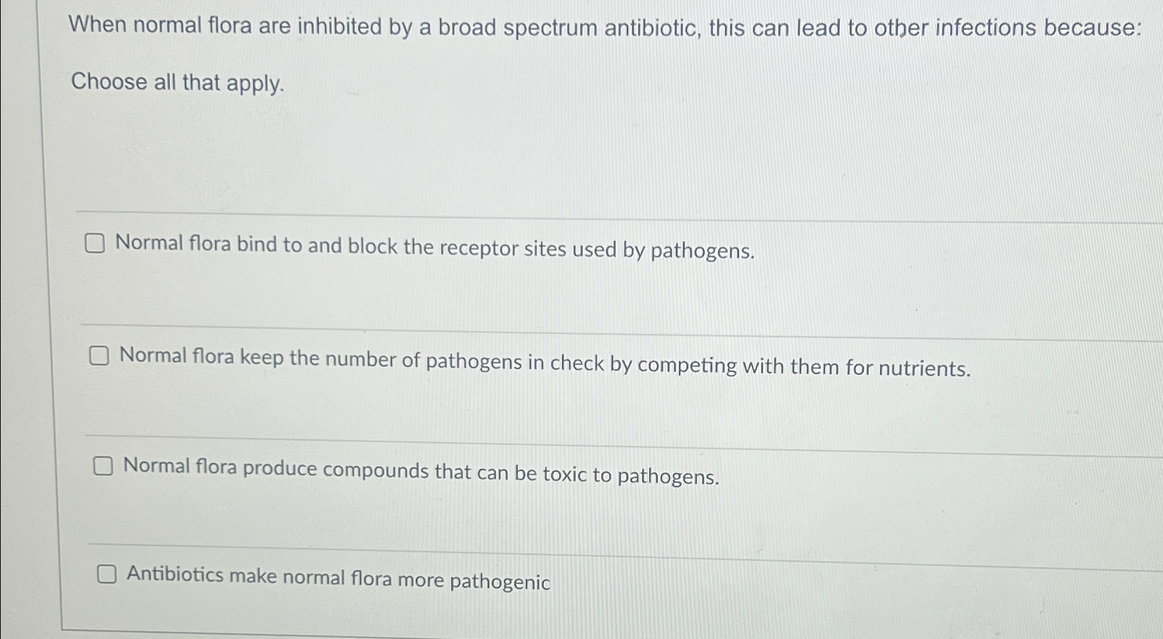 Solved When normal flora are inhibited by a broad spectrum | Chegg.com