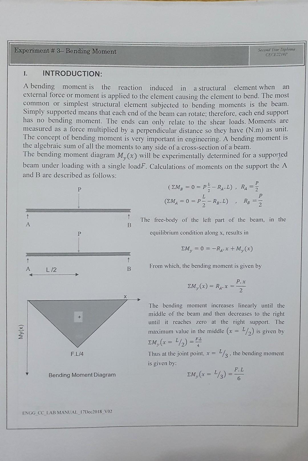 Solved Experiment # 3- Bending Moment Second Yeur Diploma | Chegg.com