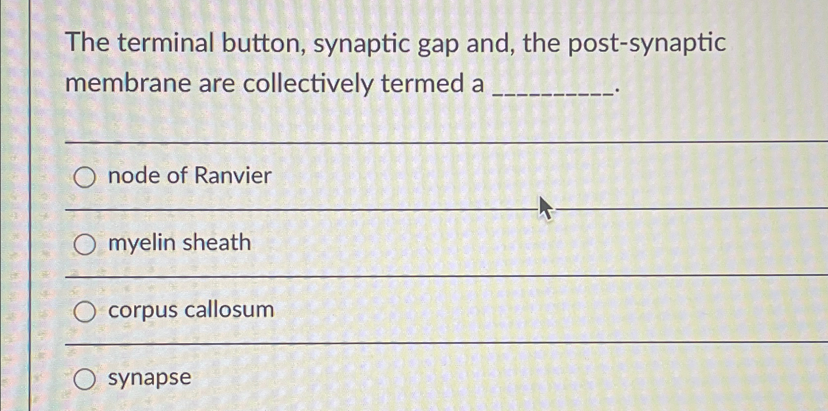 Solved The terminal button, synaptic gap and, the | Chegg.com