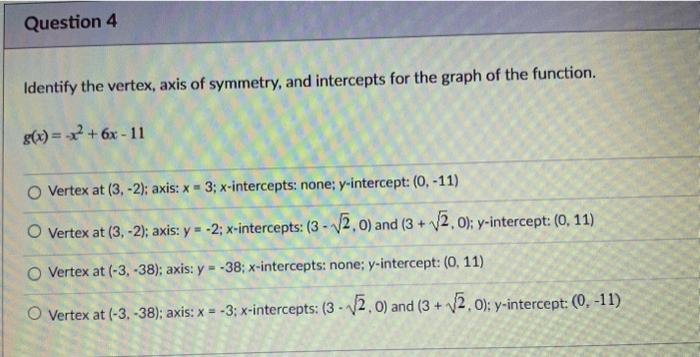 Solved Identify the vertex, axis of symmetry, and intercepts | Chegg.com