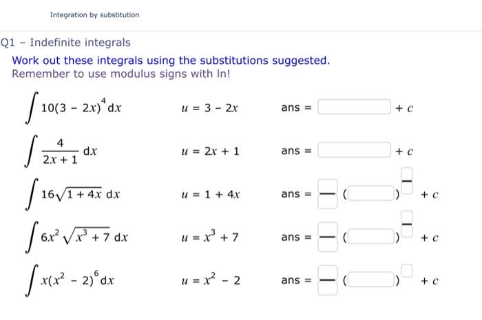 Solved Integration by substitution Q1 - Indefinite integrals | Chegg.com