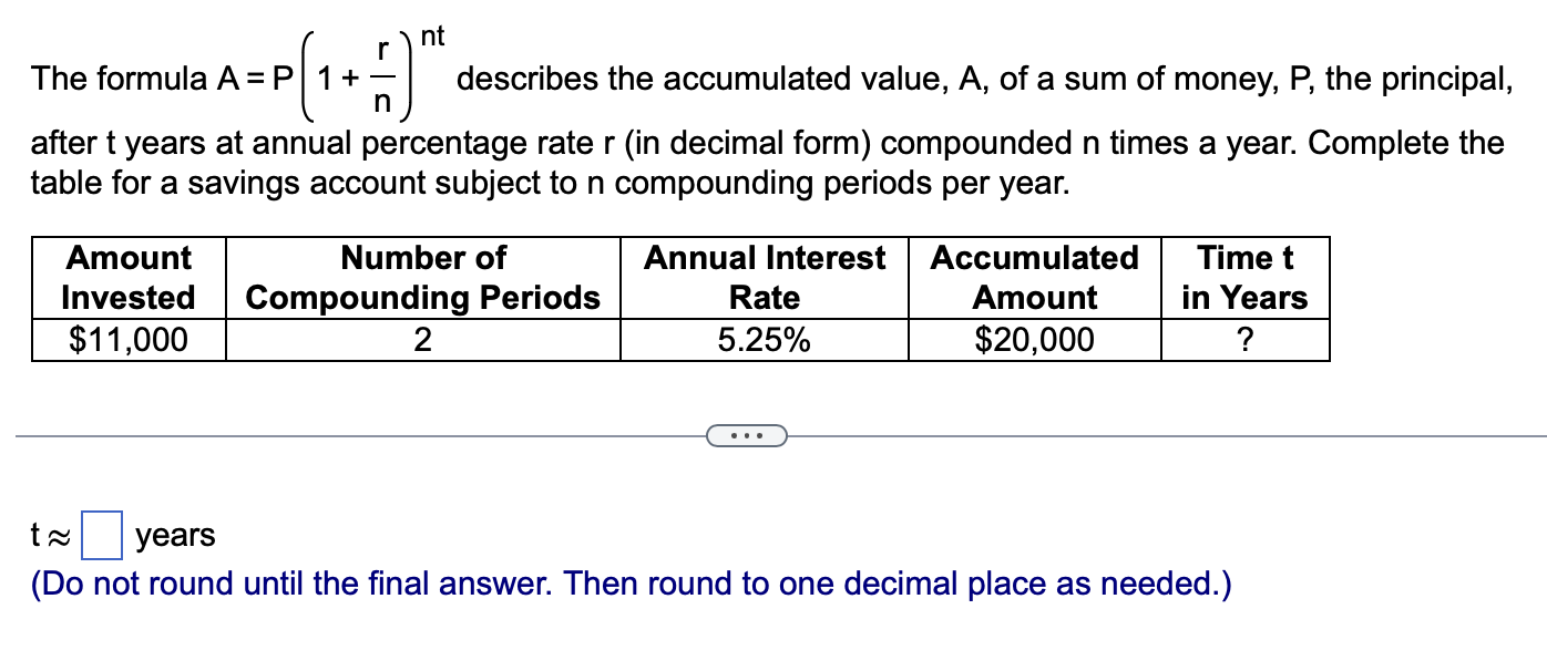 Solved The formula A=P(1+rn)nt ﻿describes the accumulated | Chegg.com