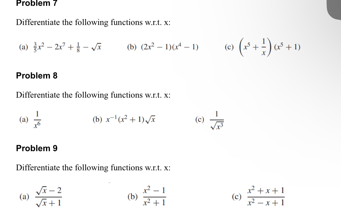 Solved Problem 7Differentiate the following functions | Chegg.com