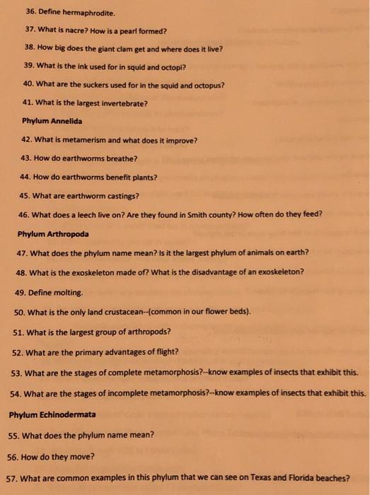 Solved 36. Define hermaphrodite. 37. What is nacre? How is a | Chegg.com