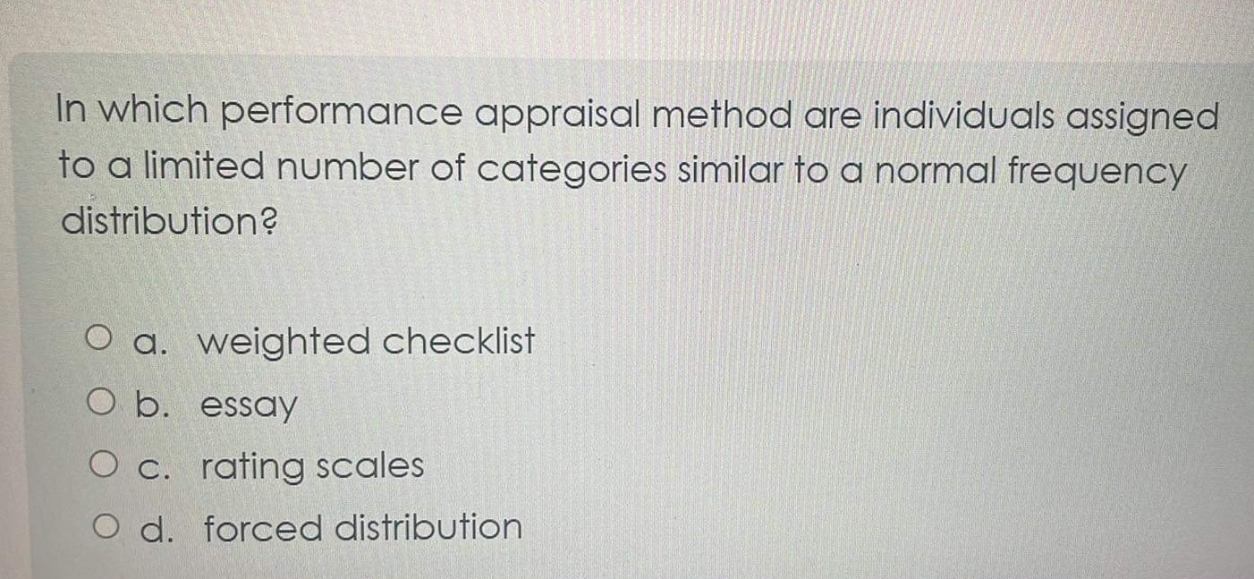 Solved In which performance appraisal method are individuals | Chegg.com