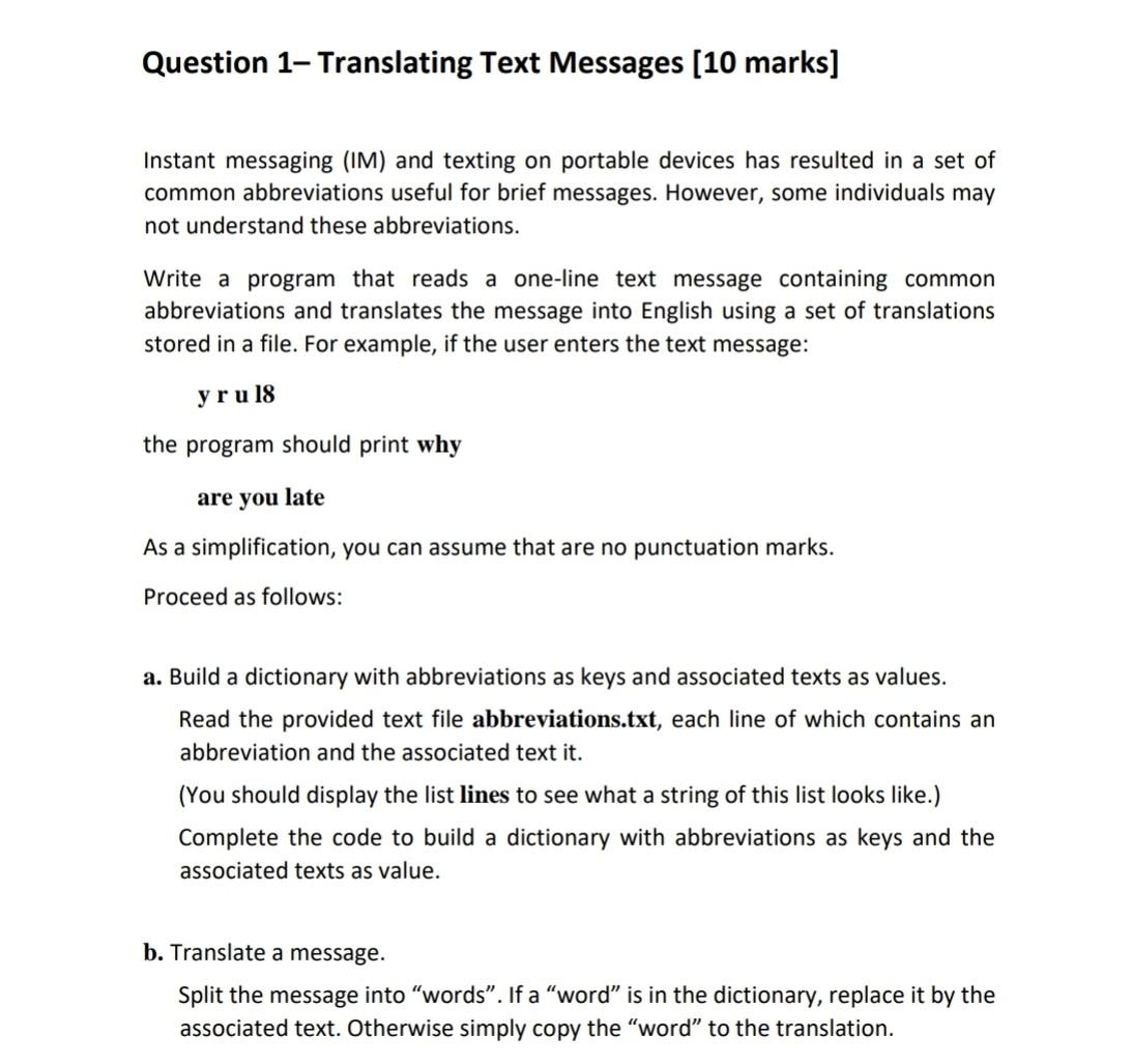 Solved Question 1- Translating Text Messages [10 marks] | Chegg.com