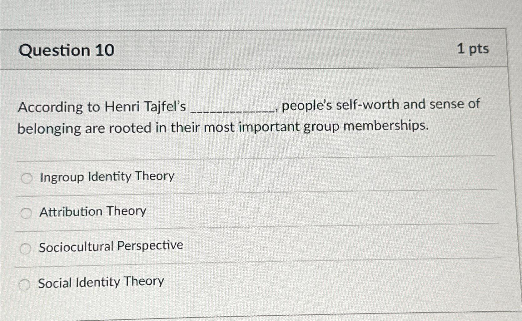 Solved Question 101 ﻿ptsAccording to Henri Tajfel's . | Chegg.com