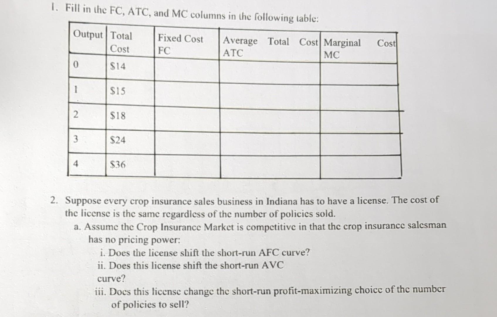 Solved 1. Fill in the FC, ATC, and MC columns in the | Chegg.com