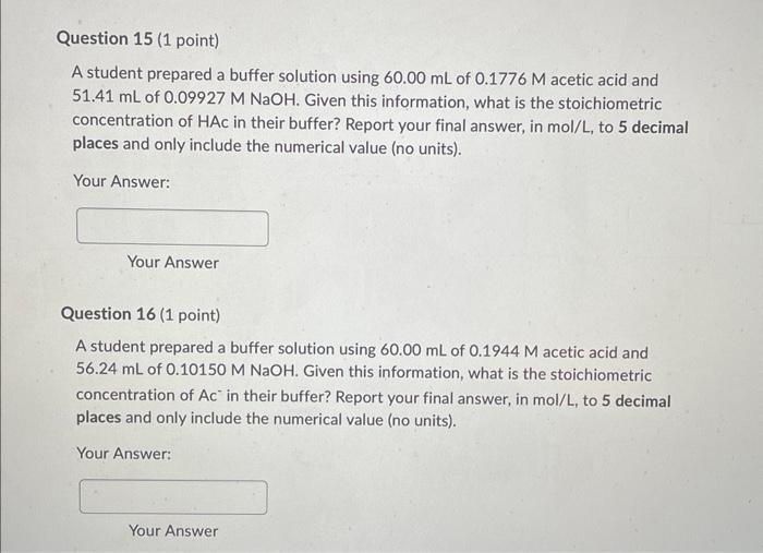 Solved A student prepared a buffer solution using 60.00 mL | Chegg.com