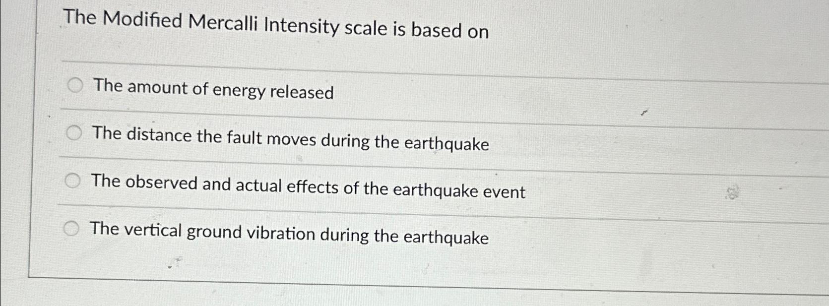 Solved The Modified Mercalli Intensity scale is based onThe | Chegg.com