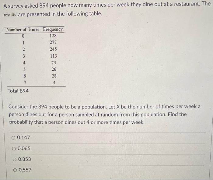 Solved A survey asked 894 people how many times per week | Chegg.com