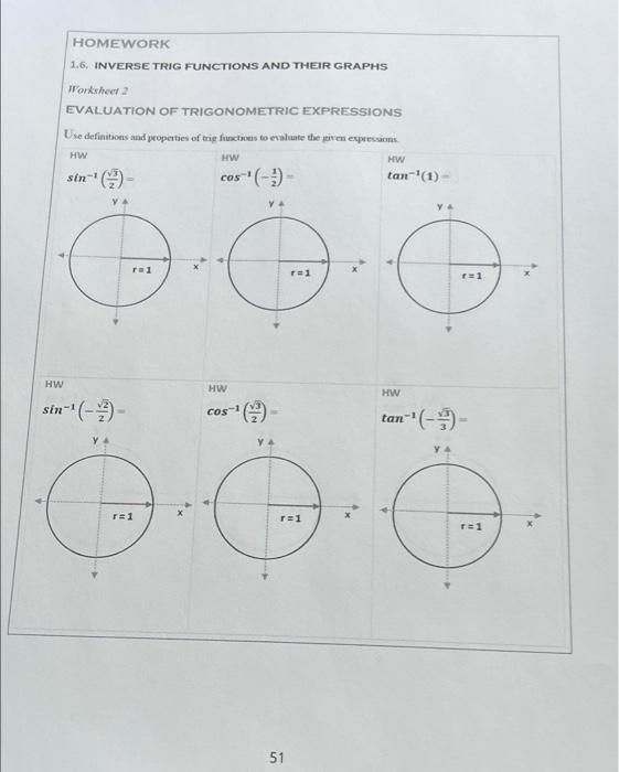 Solved HOMEWORK 1.6. INVERSE TRIG FUNCTIONS AND THEIR GRAPHS | Chegg.com