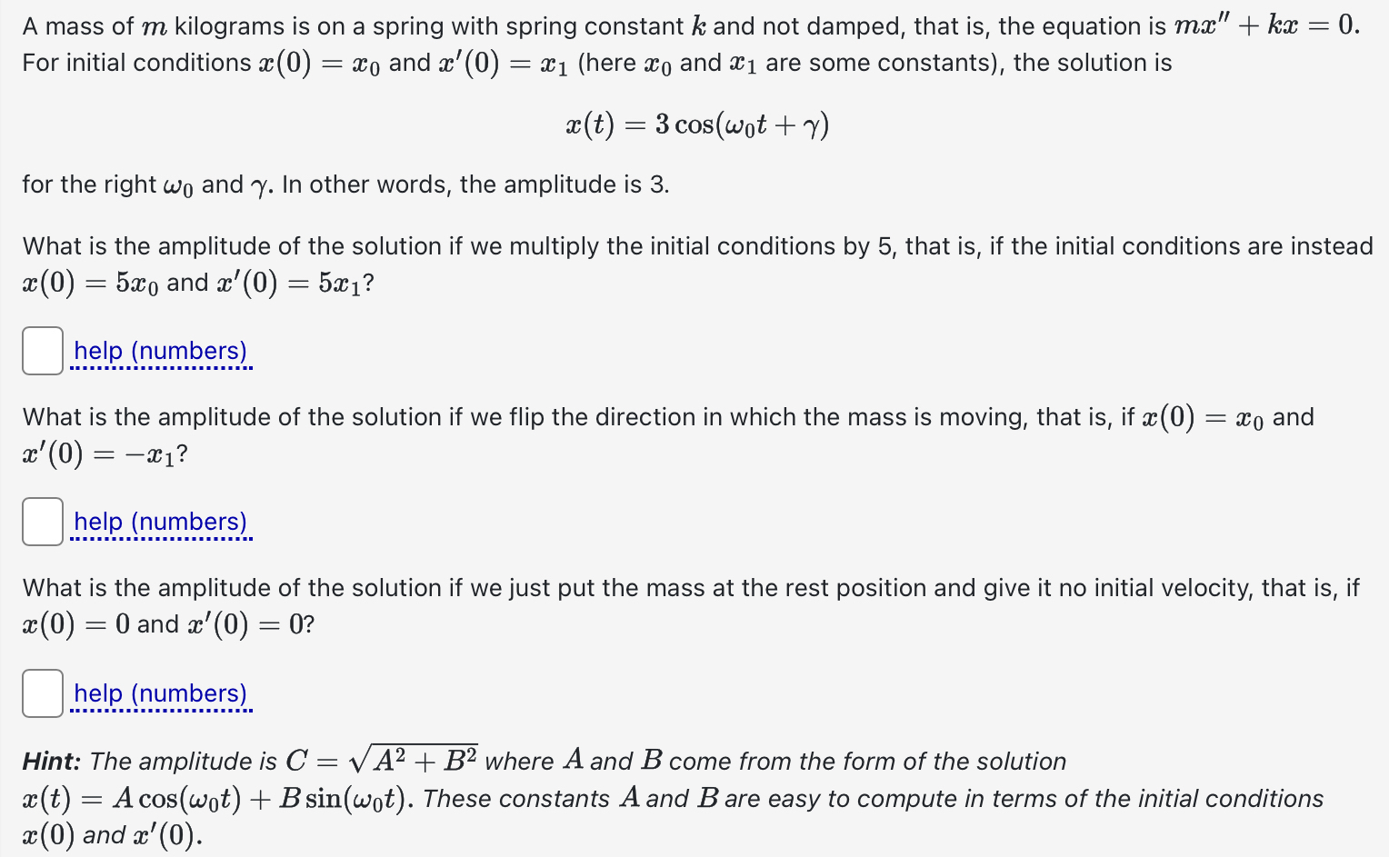 Solved A mass of m ﻿kilograms is on a spring with spring | Chegg.com