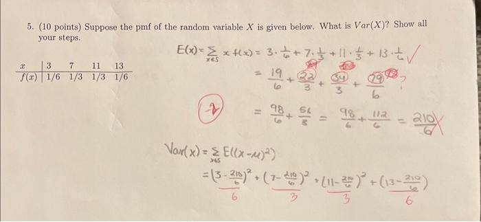 Solved 5. (10 points) Suppose the pmf of the random variable | Chegg.com