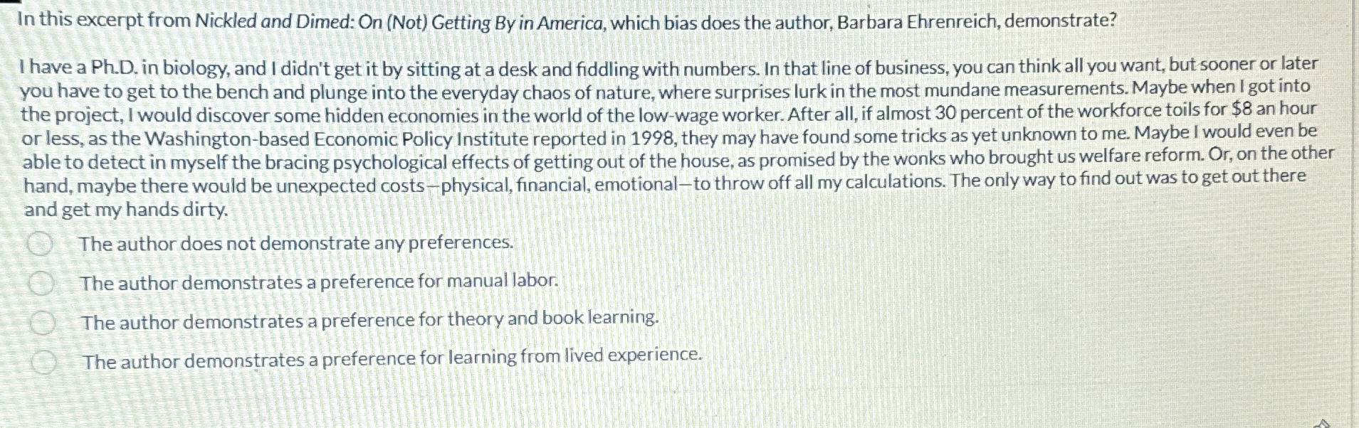 Solved In this excerpt from Nickled and Dimed: On (Not) | Chegg.com